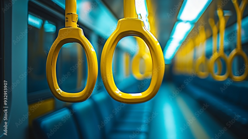 This is a closeup view of multiple yellow passenger handles located ...