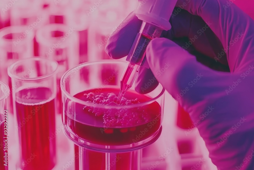 Scientist pouring a vibrant pink liquid into a beaker representing ...