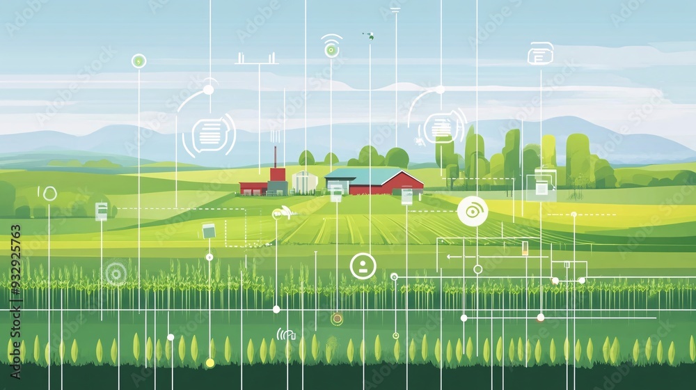 An illustration of precision farming tools on a modern farm. The image ...
