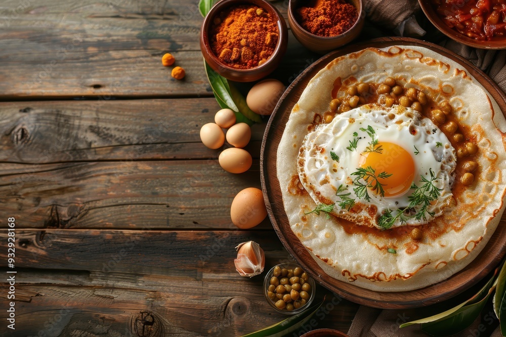 Top view of Indian veg breakfast with Appam Kadala curry egg curry ...