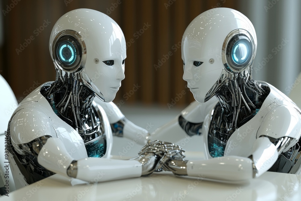 Two humanoid robots shaking hands across a table symbolizing the potential for collaboration ...