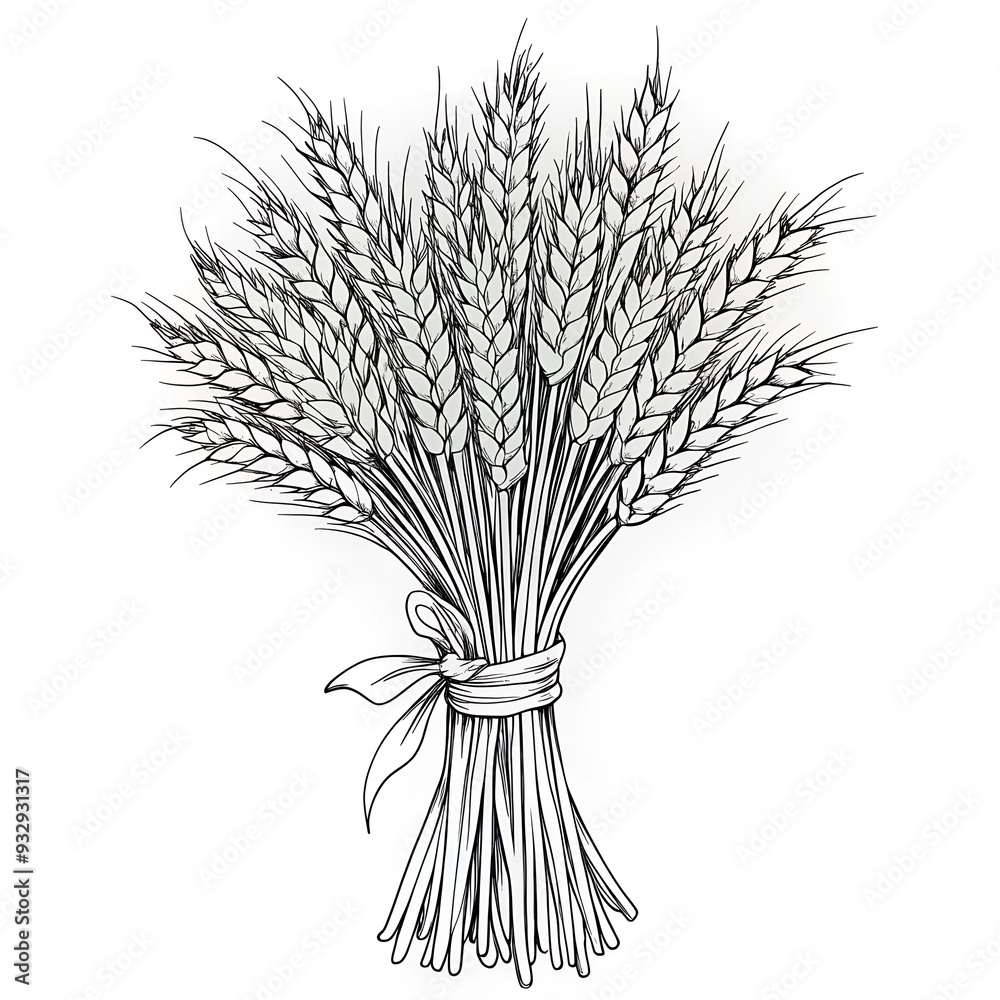 Highly Detailed Monochromatic Botanical Illustration of a Wheat Sheaf ...