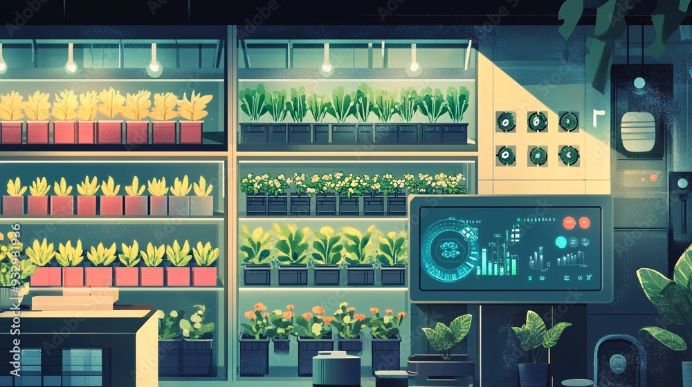 An illustration of an indoor vertical farming system with several tiers ...