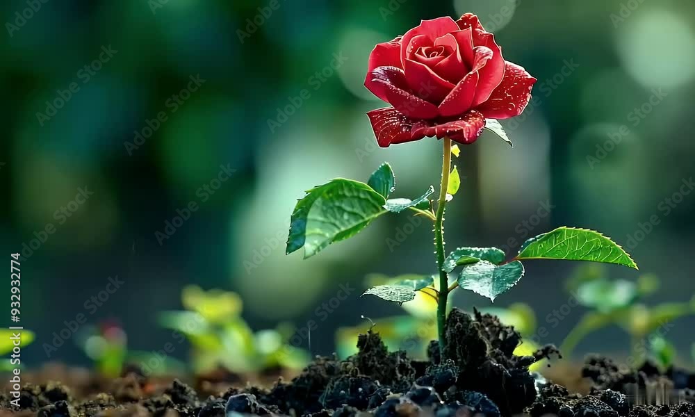 Red rose flower growing in the soil, with a green forest in a natural ...