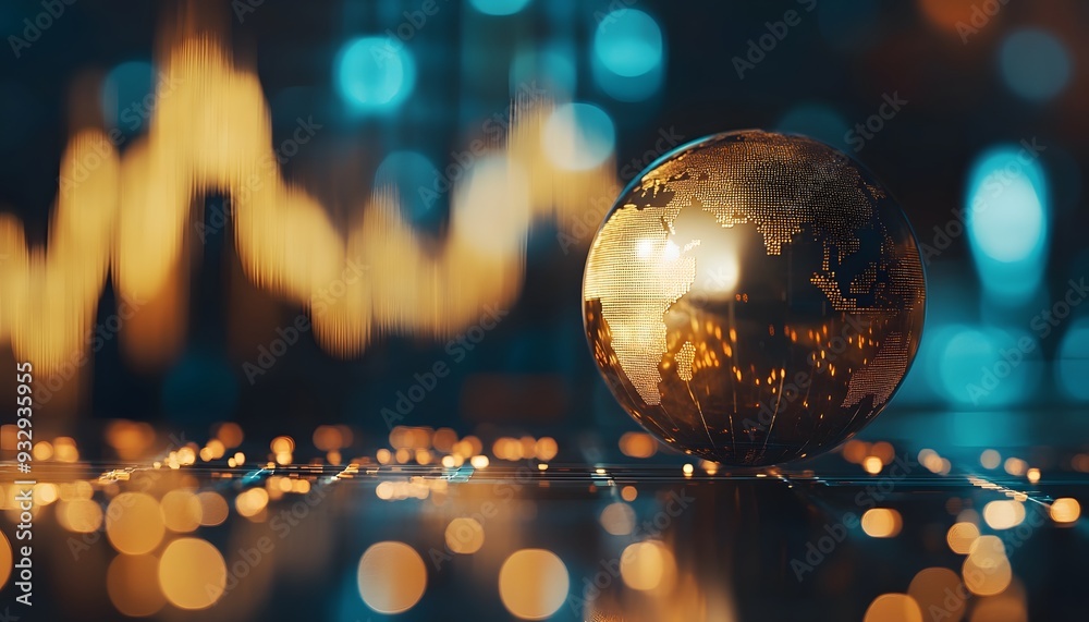 Gold globe on a stock market chart background with bokeh lights. The ...