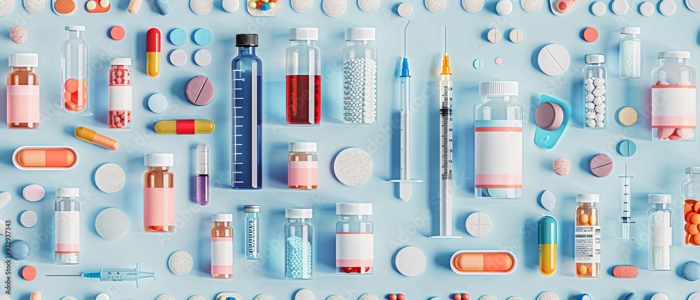 Medicine and pharmacology are represented by a variety of tablets ...