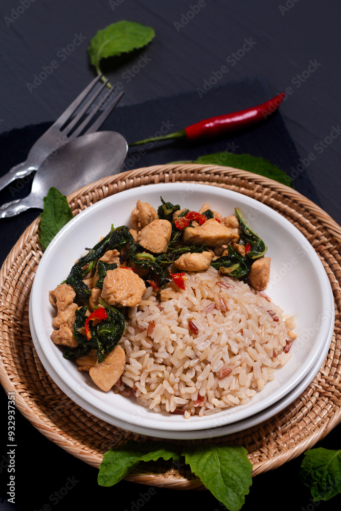 Thai food concept Khao pad krapao, kapow kai Authentic Thai Basil ...