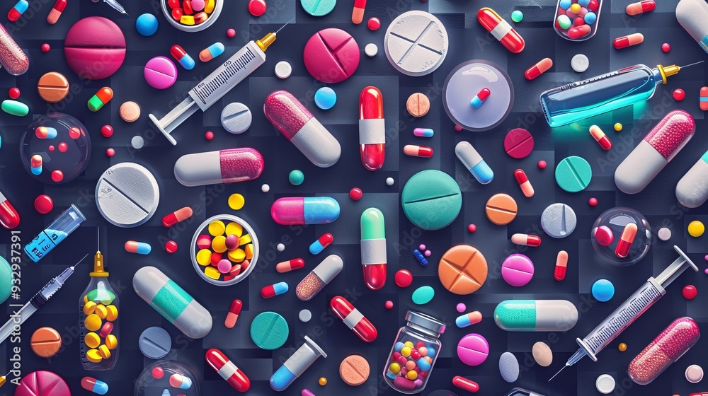 Medicine and pharmacology are represented by a variety of tablets ...