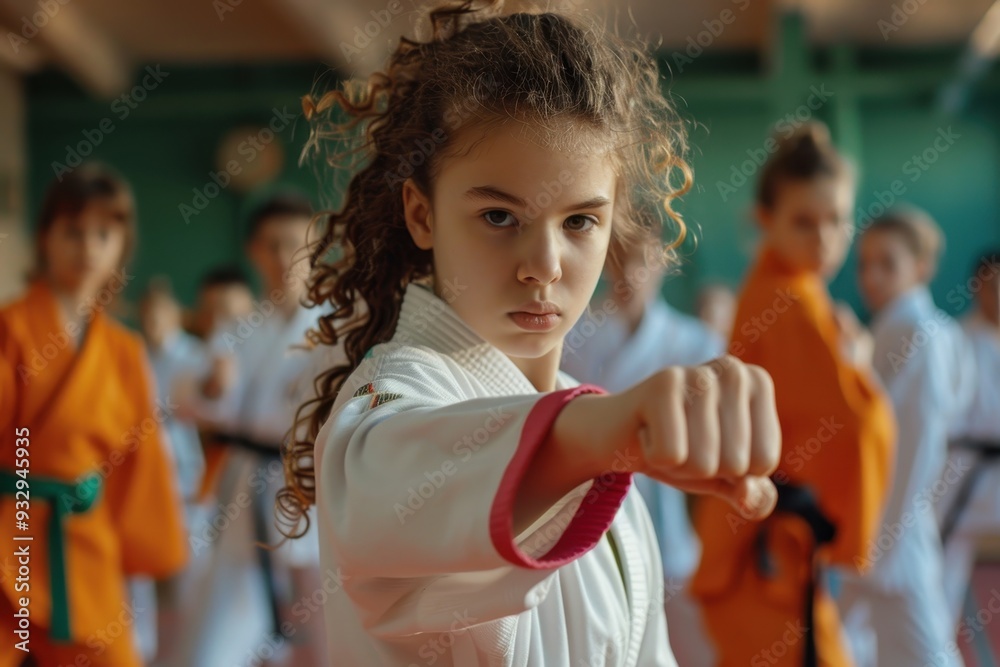 Young girl in kimono and belt practicing karate with trainer during ...