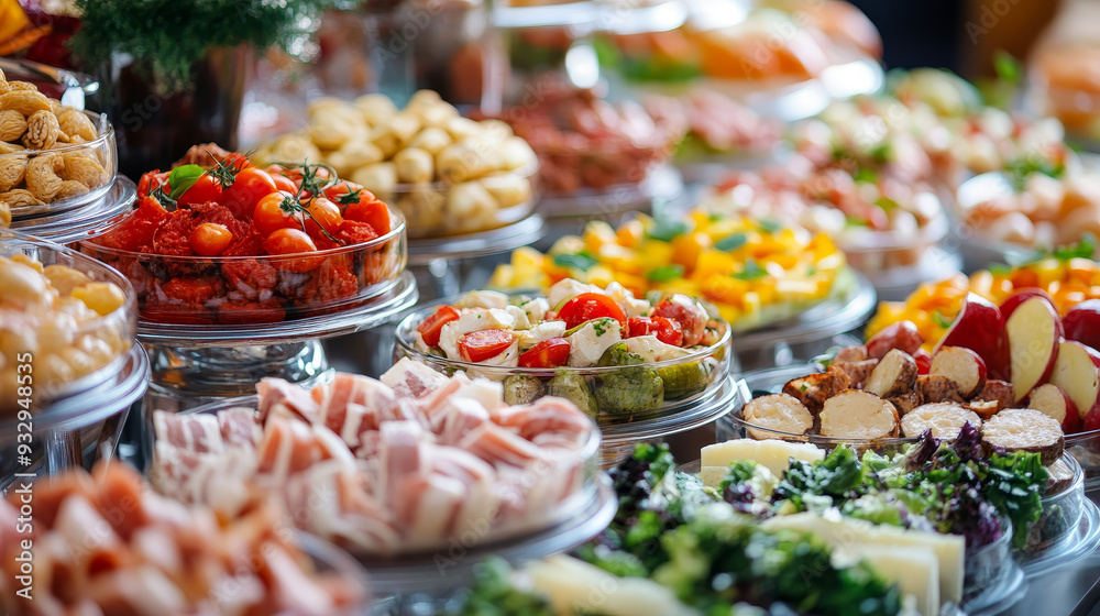 “A diverse selection of cold snacks arranged on a buffet table for ...