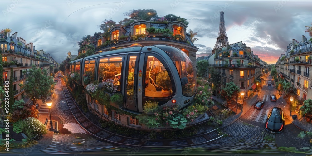 An immersive 360-degree equirectangular panorama of Paris in the future ...