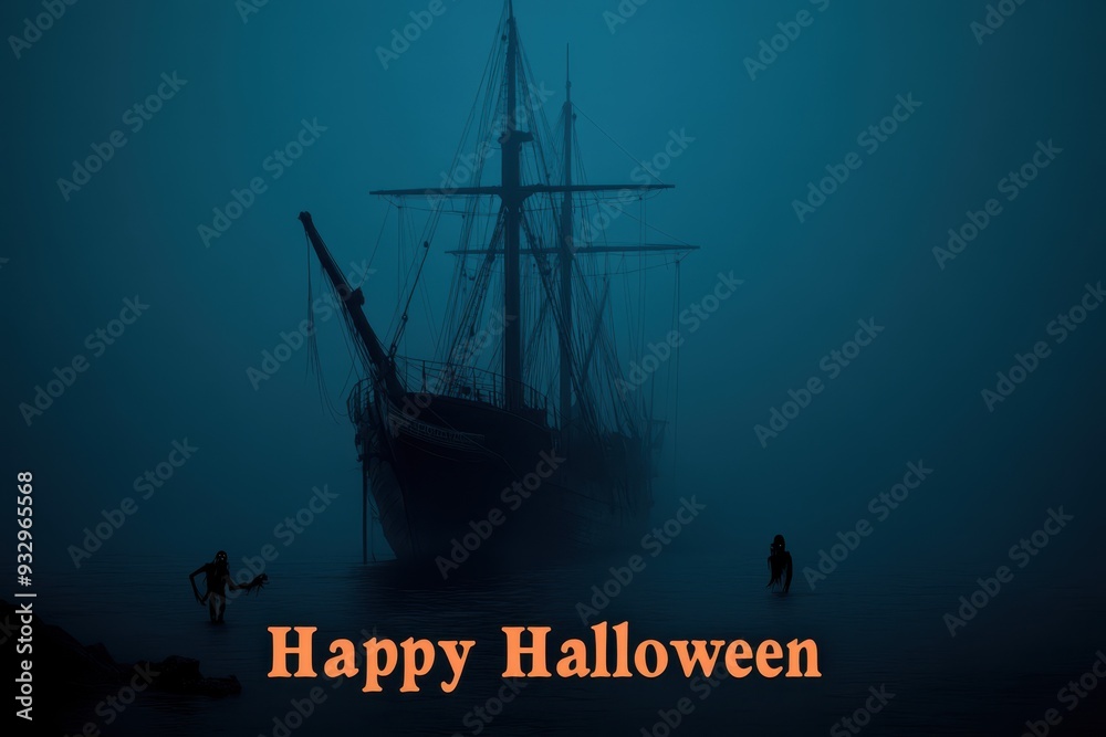 Haunted Ship Collage: Images of an old, haunted ship with ghostly crew ...