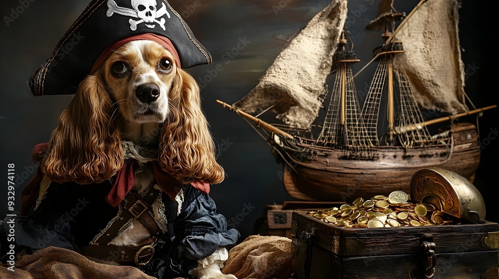 Cute and playful Cocker Spaniel dressed up as a pirate posing next to a ...