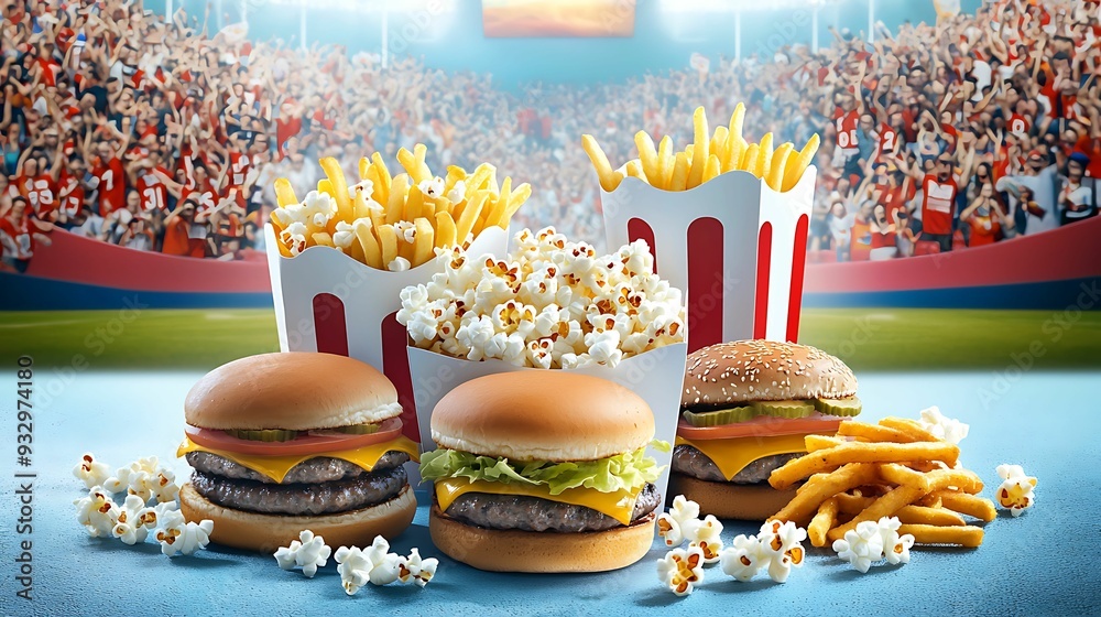 Isometric view of a sports-themed snack setup with popcorn, burgers ...