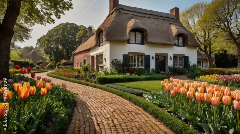 Colonial Dutch farmhouse with thatched roof and tulip pathway Stock ...