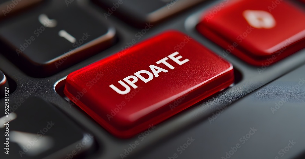 Red keyboard button with word " UPDATE" and text in white color on it ...