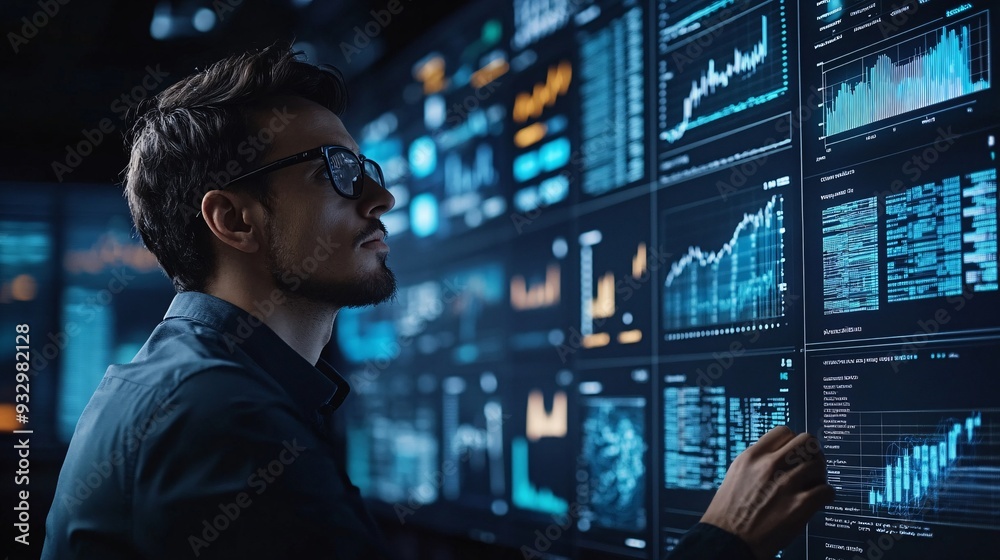 Data analyst examining telecom data charts to drive network expansion ...