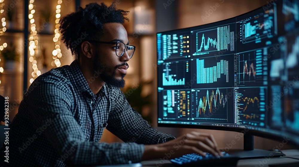 Data analyst examining telecom data charts to drive network expansion ...