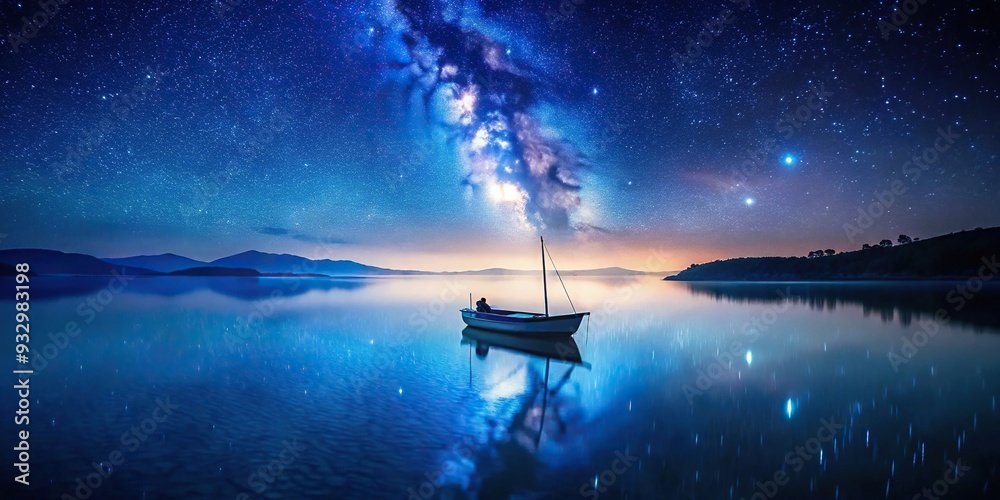 Cinematic ultramarine nighttime mood with a solitary boat sailing ...