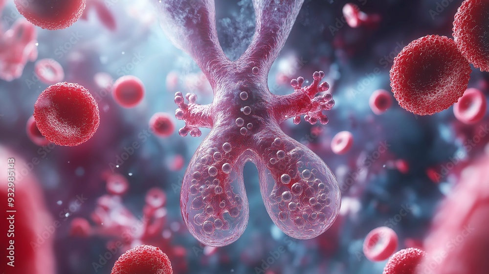 Cartoon 3D oxygen molecules being absorbed by red blood cells in the ...