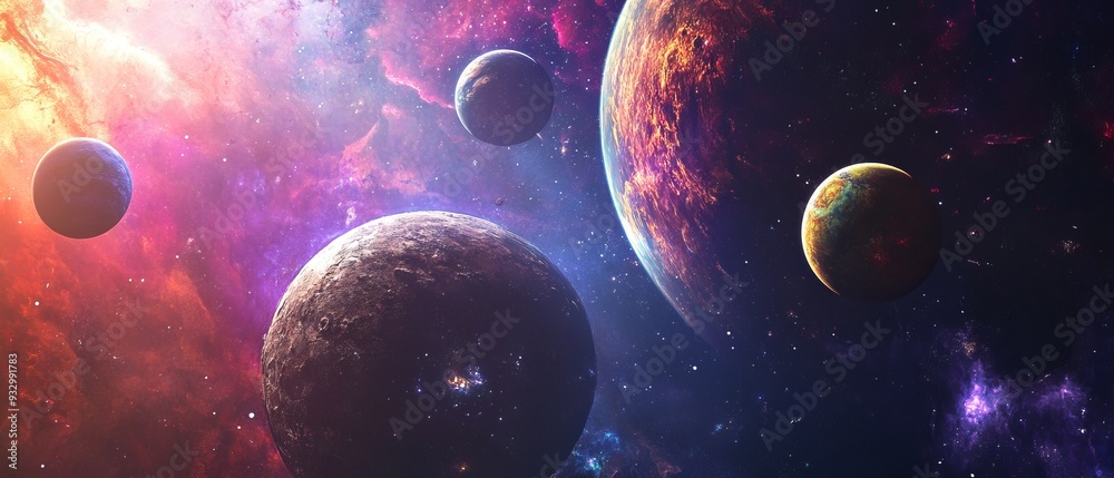 Unique astronomy concept showcasing an alignment of colorful and ...