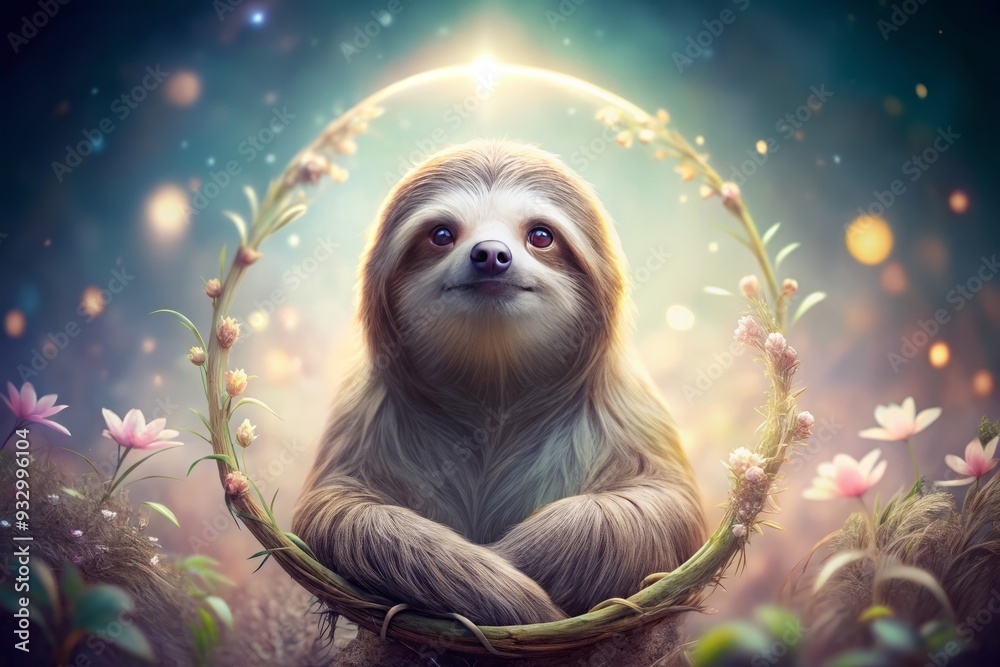 Dreamy ethereal portrait of sloth in meditation pose with halo of soft ...