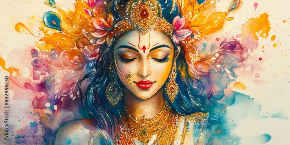 Serene Watercolor Portrait of Goddess Lakshmi: Abstract Creative Design ...