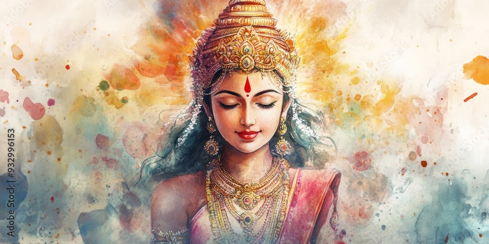 Serene Watercolor Portrait of Goddess Lakshmi: Abstract Creative Design ...