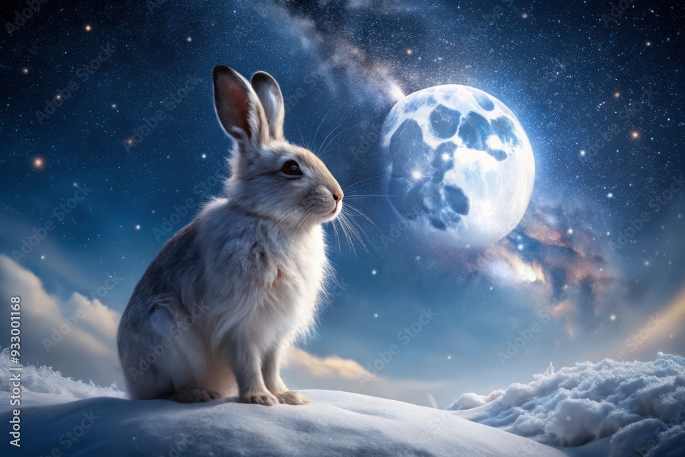 ethereal moonlit snowshoe hare portrait with fur fluffed against winter ...
