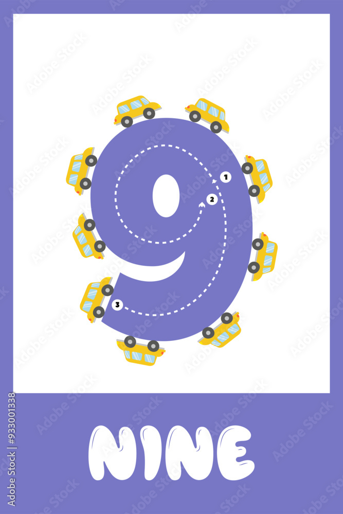 Learning numbers 9. Educational cards for children with numbers in flat ...