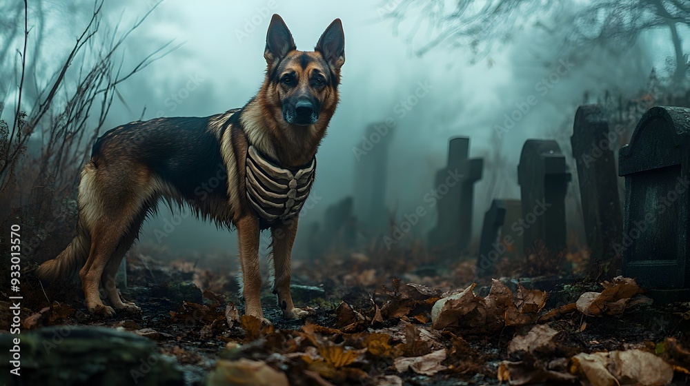 Haunting German Shepherd Skeleton in Misty Graveyard Scene A spooky and ...