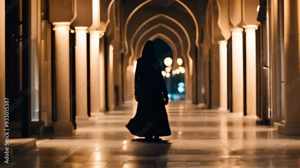 Silhouette muslim woman in long dress. Walking on night view city ...