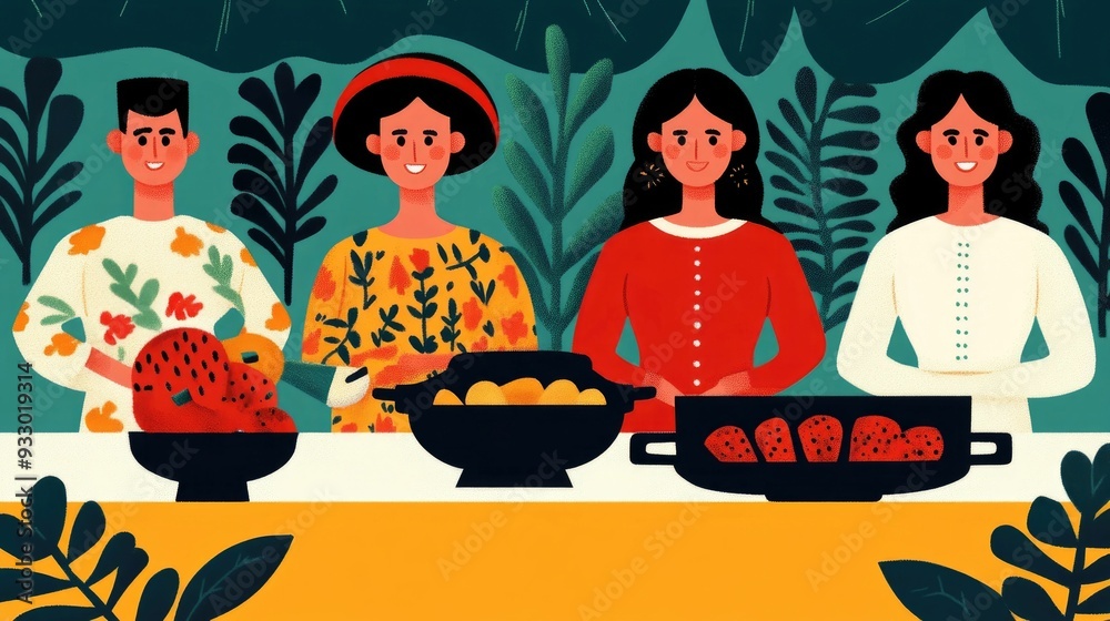 Flat design of a traditional Hispanic community potluck event featuring ...