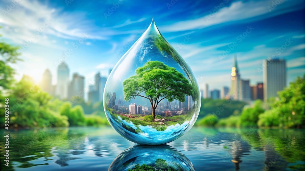 Pristine planet with a water drop symbol: blue oceans, green forests ...