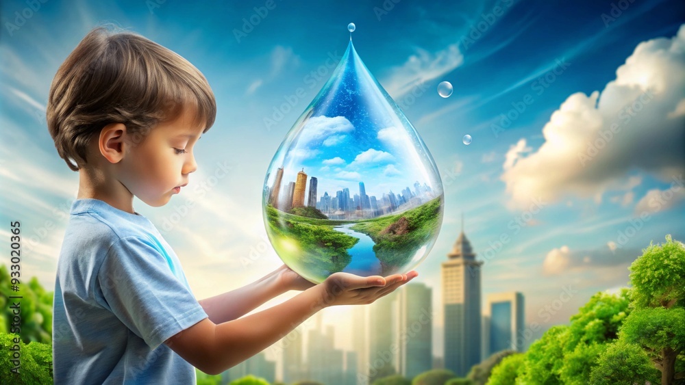 Pristine planet with a water drop symbol: blue oceans, green forests ...