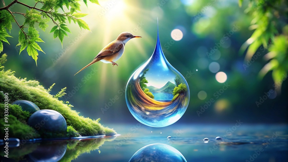 Pristine planet with a water drop symbol: blue oceans, green forests ...