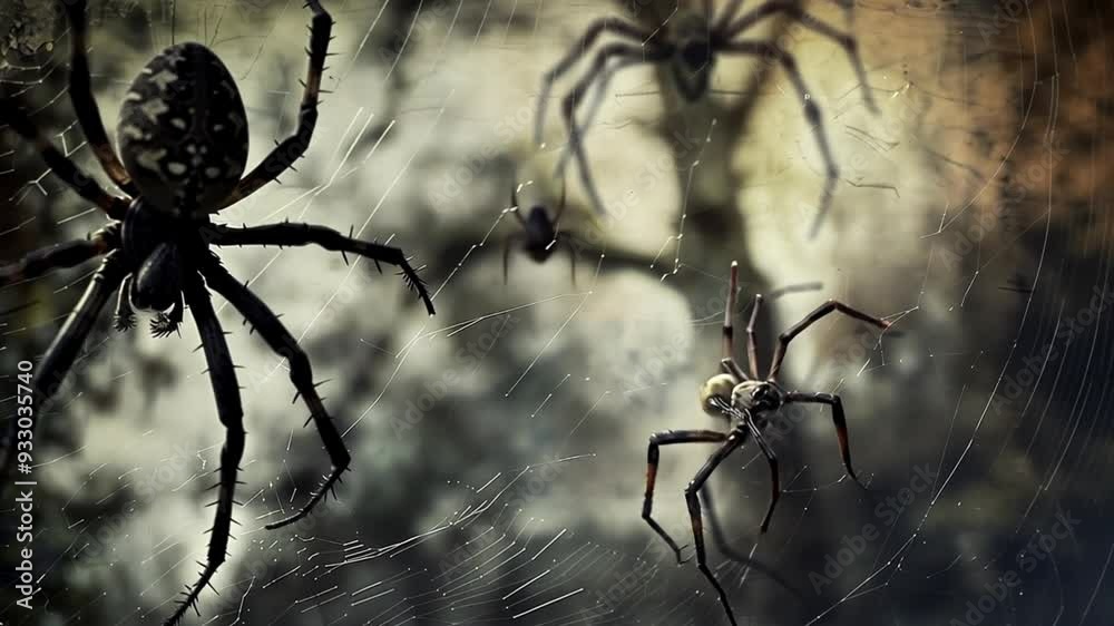 Big scary spiders in web. Spooky Halloween web and scary spiders in ...