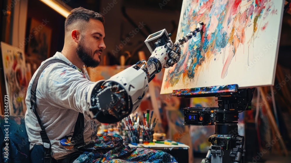 An artist with limited mobility using a robotic arm controlled by a ...