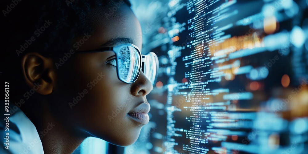 Inclusive education concept. Black school pupil studying IT at computer ...