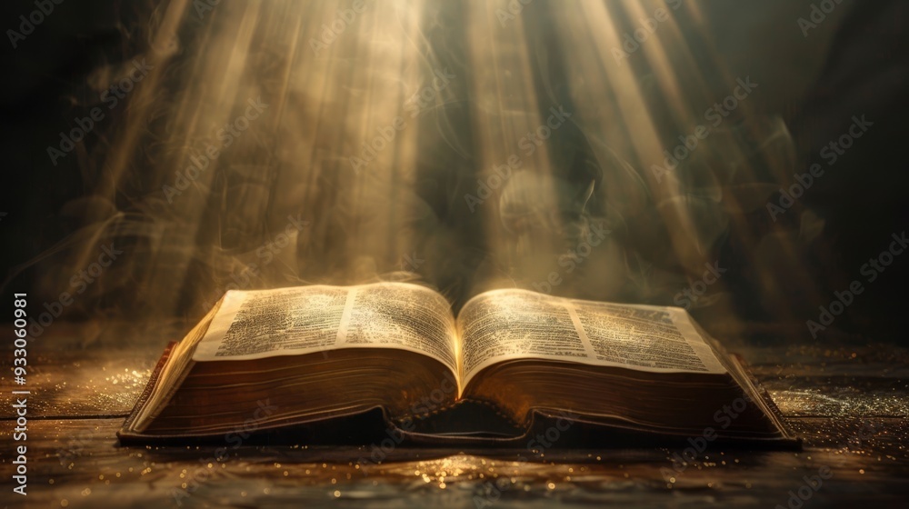 A high-resolution, symbolic image of an open book with rays of light ...