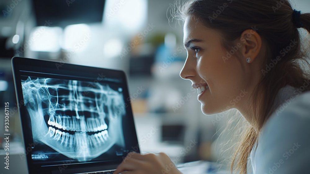 Dentist working on a laptop, reviewing digital X-rays and treatment ...
