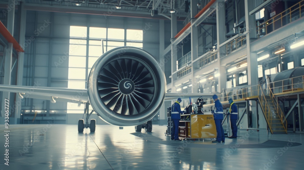 Engineers gather around a large aircraft engine in a hangar, conducting ...