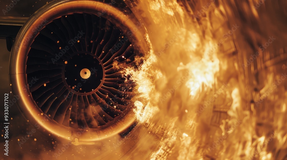 The ferocious flames engulf a jet engine in an explosive scene, with ...