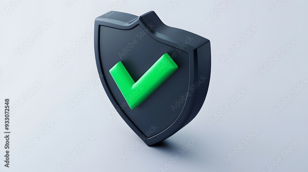 cartoon 3d Icon safety shield green check mark perspective . black ...