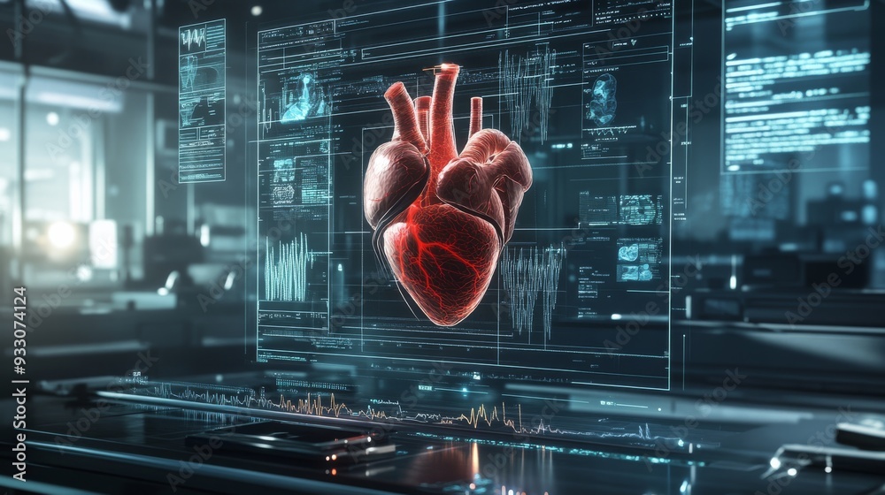 Detailed illustration of human heart anatomy in a futuristic medical ...