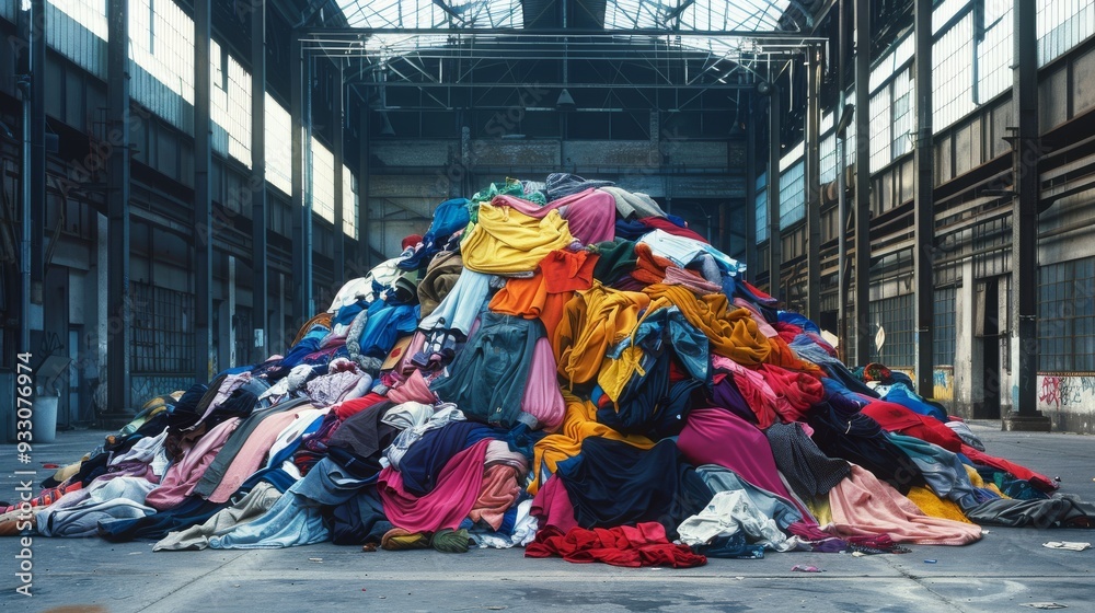 A colorful heap of discarded clothing lies in an abandoned warehouse ...