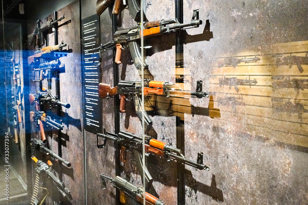 Sofia, Bulgaria, April 24, 2024; Kalashnikov assault rifles and machine ...