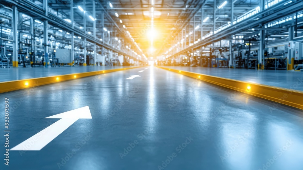 Modern factory floor design with clear walkways, arrows, and safety ...
