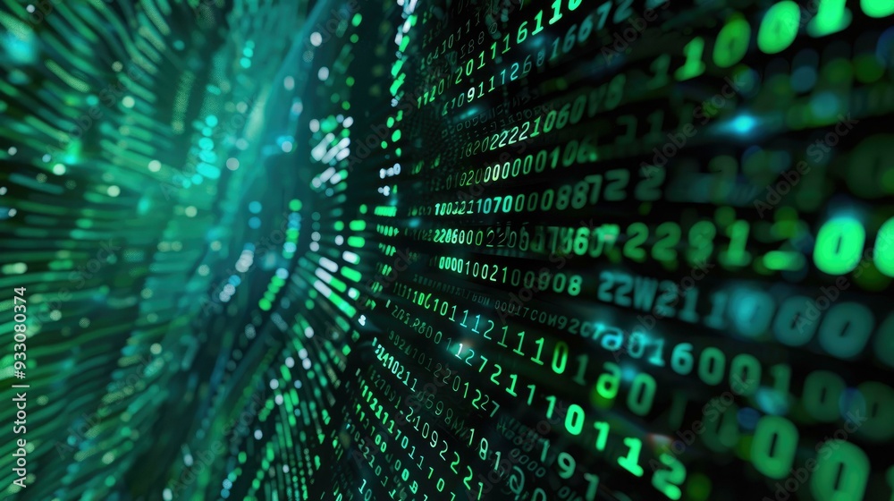 Explore an abstract futuristic cyberspace with swirling binary code and ...