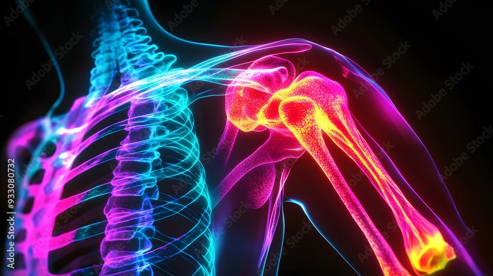 A 3D rendered CT scan of a human shoulder, with detailed textures and ...